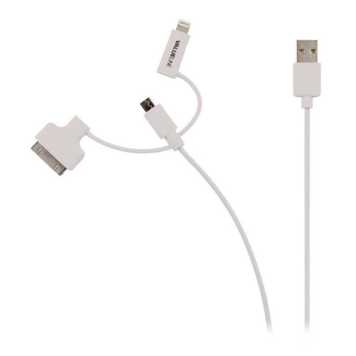 VLMP39410W1.00 Nedis 3 u 1 Sync and Charge Cable USB-A Male - Micro B Male 1.00 m White + 30-Pin Doc