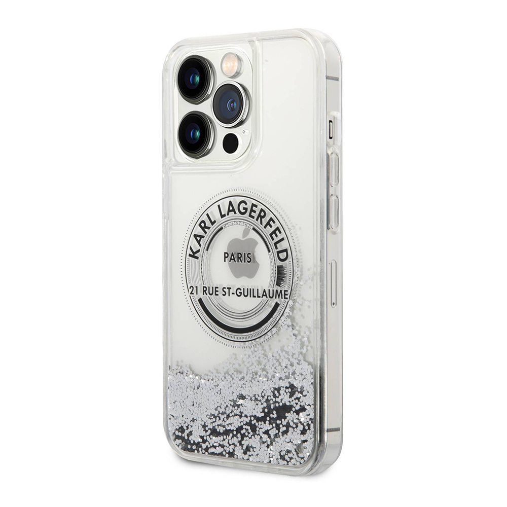 Iphone 14 Pro - Zastitna maska (futrola) Karl lagerfeld Liquid Glitter Round Rsg Logo srebrna Full ORG (KLHCP14LLCRSGRS) (MS)