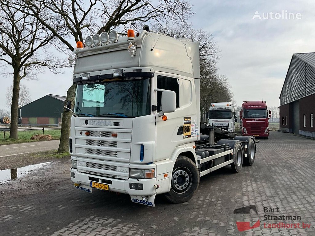 Scania R 124 L 400 6x2 NA Euro 2 handgeschakeld met kabel containersyst kamion sa kukom za podizanje tereta