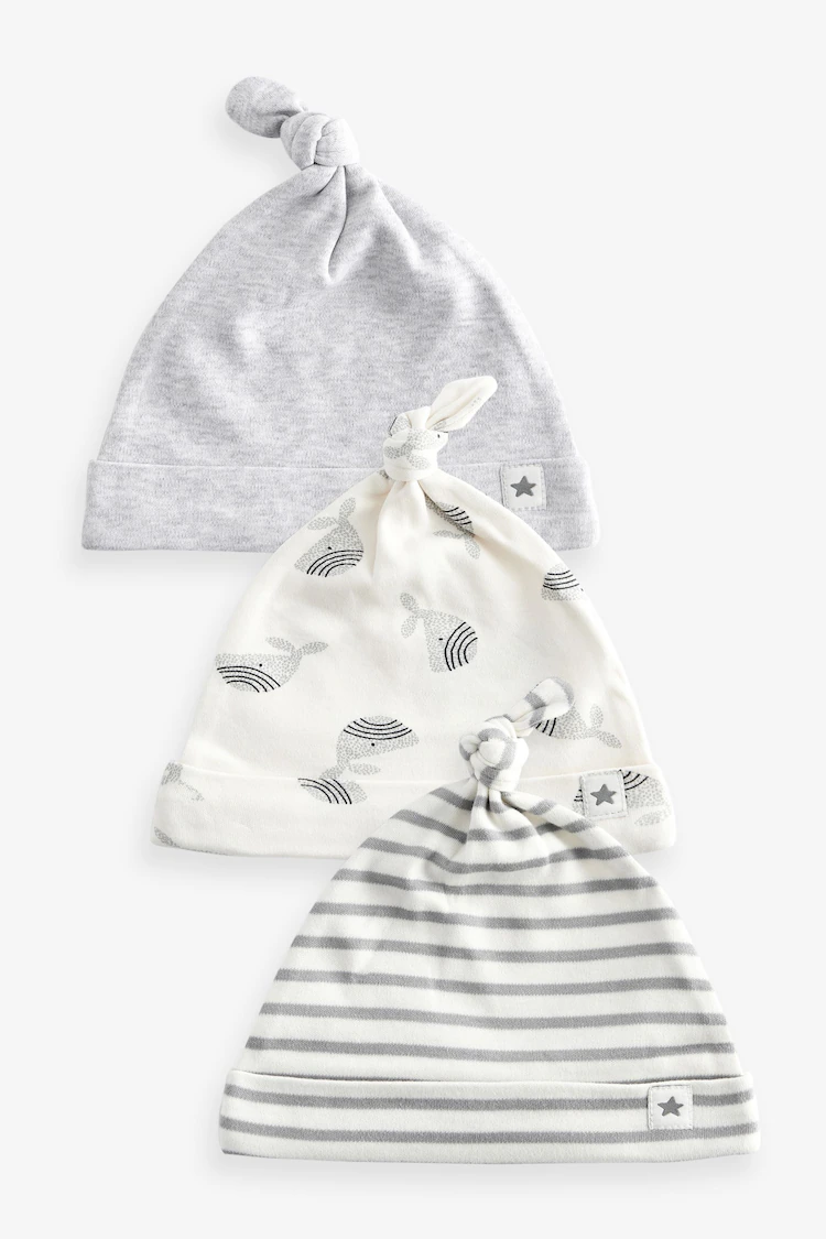 Grey Whale Baby 100% Cotton Tie Top Hats 3 Pack (0-18mths)