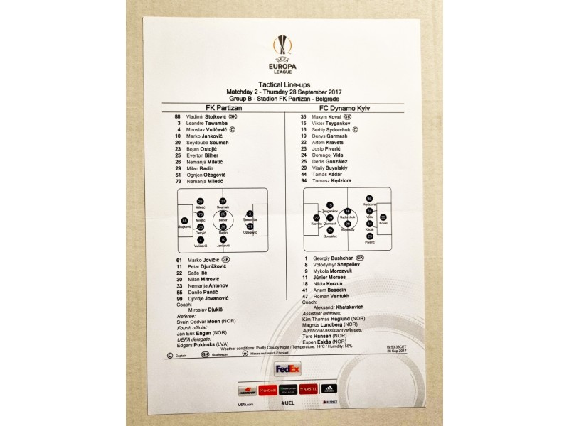 2017, PARTIZAN - DINAMO KIJEV! Protokol.