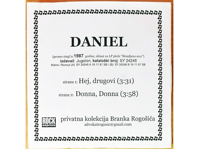 SP DANIEL - Hej drugovi / Donna (1987), promo PERFEKTNA