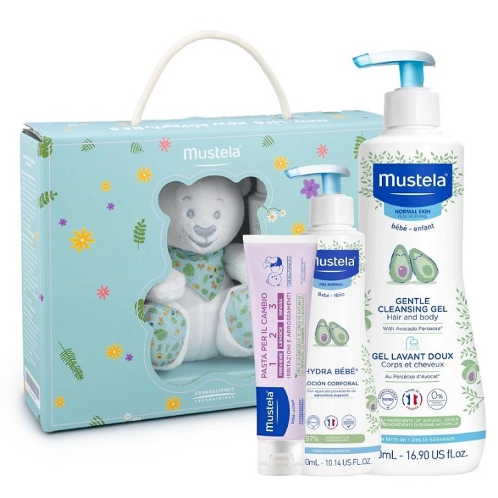 Mustela Baby paket (Blagi gel za kupanje 500ml, Hydra Bebe Losion za telo 300ml, Zaštitna vitaminska krema 1 2 3 100ml i plišani Musti meda)