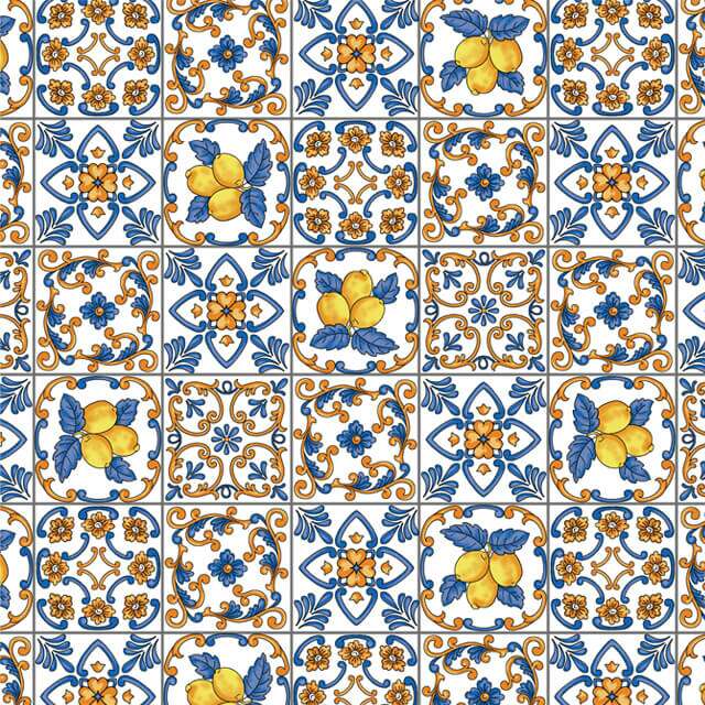Mušema 1.4x20m C131-1 bela osnova sa braon, plavim ornamentima i limunovima