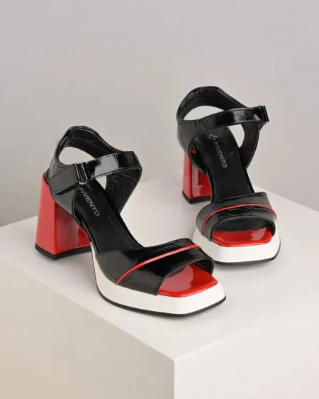 Kožne ženske sandale na deblju štiklu 112051 crno/crvene