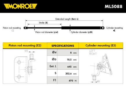 AMORTIZER ZADNJIH VRATA DESNI MONROE OPEL AGILA (A) (H00) 09.00 – 12.07 / SUZUKI WAGON R+ (MM) 05.00 –