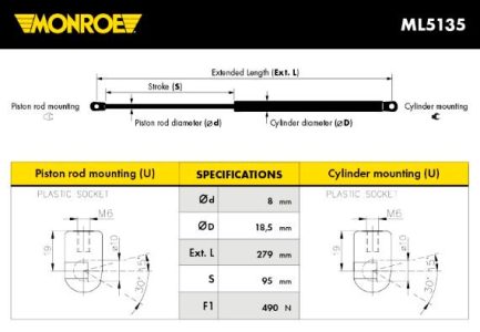 AMORTIZER ZADNJIH VRATA MONROE AUDI A4 (8D2, B5) 11.94 – 09.01 / TT (8N3) 10.98 – 06.06 / TT Roadster (8N9) 10.99 – 06.06 /SKODA FABIA Sedan (6Y3) 10.99 – 12.07 / VW BORA (1J2) 10