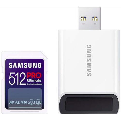 Samsung MB-SY512SB/WW SD Card 512GB, PRO Ultimate, SDXC, UHS-I U3 V30, Read up to 200MB/s, Write up to 130 MB/s, for 4K and FullHD video recording, w/USB Card reader