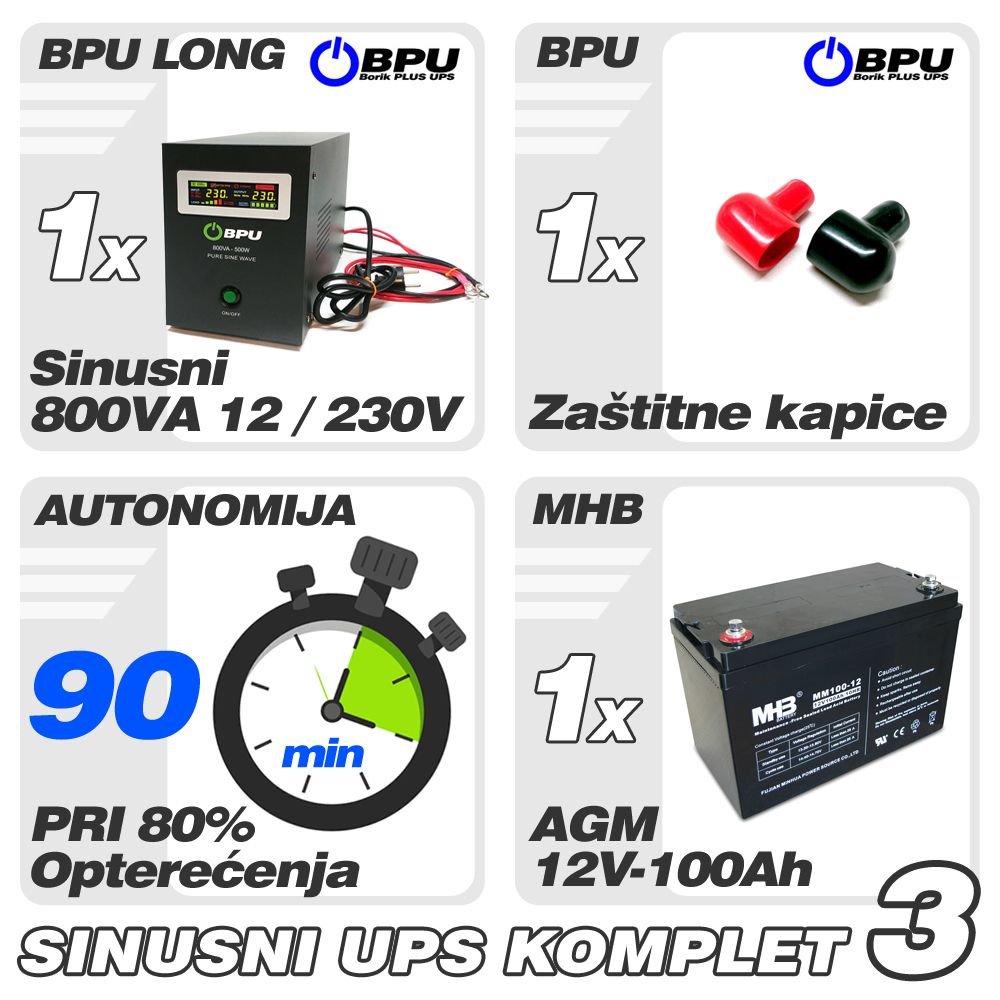 UPS BPU Long 800VA 500W, Komplet 3