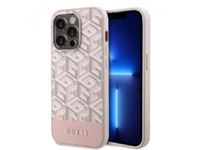 GUESS Maska za iPhone 14 Pro, Gcube PU Stripes, MagSafe, Roze