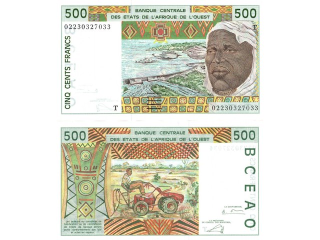 TOGO (West African States) `T` 500 Francs 2002 UNC, P-8