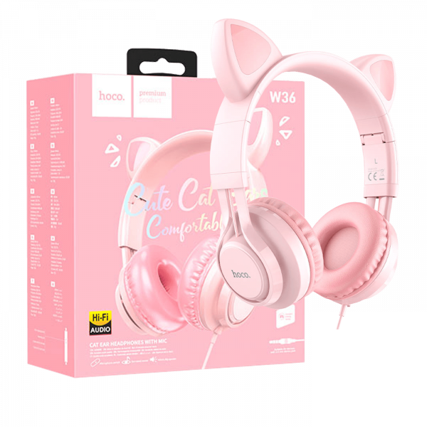 hoco. Slušalice sa mikrofonom, 3.5mm utikač, 1.2m kabel - W36 slušalice Mačje uši,Pink