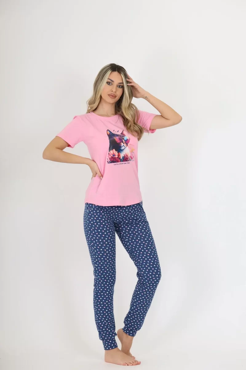 Pidžama ženska kratkih rukava i dugih pantalona „Mačka“