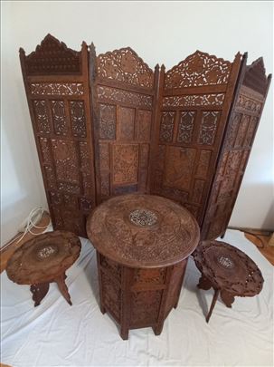 Vintage ručno rezbaren paravan sto i stolice