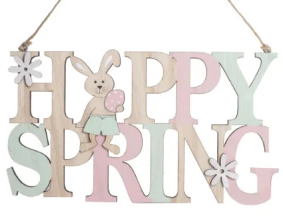 USK dekoracija - Viseći natpis, Happy Spring, Zeka, drvo, 23x12 cm
