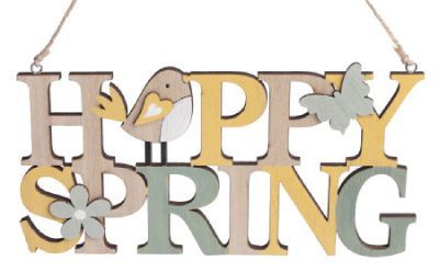 USK dekoracija - Viseći natpis, Happy Spring, Ptičica, drvo, 22x11 cm