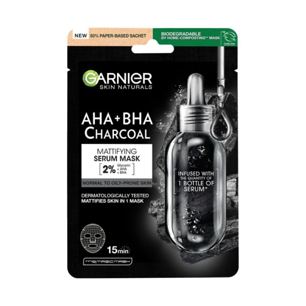 GARNIER Skin Naturals Matirajuća serum maska za lice u maramici, Charcoal, 28 g