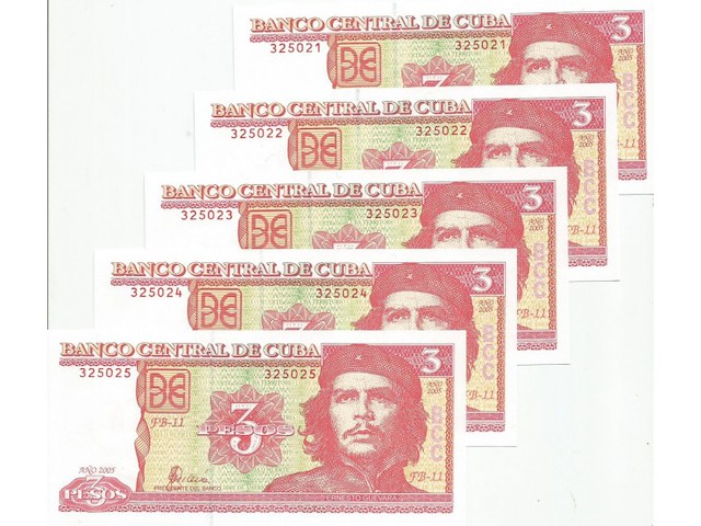 Cuba 3 pesos 2005. UNC x 5 kom.
