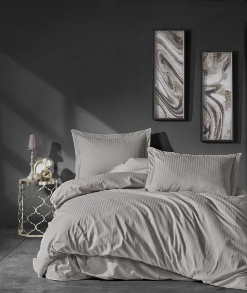 Posteljina za bračni krevet saten-elegant stripe saten bej