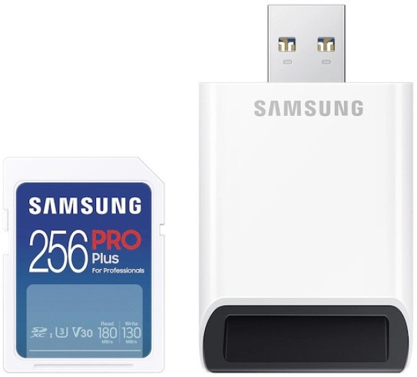 SD Card 256GB, PRO Plus, SDXC, UHS-I U3 V30 Class 10, Read up to 180MB/s, Write up to 130 MB/s, for 4K and FullHD video recording, w/USB Card Reader ( MB-SD256SB/WW )