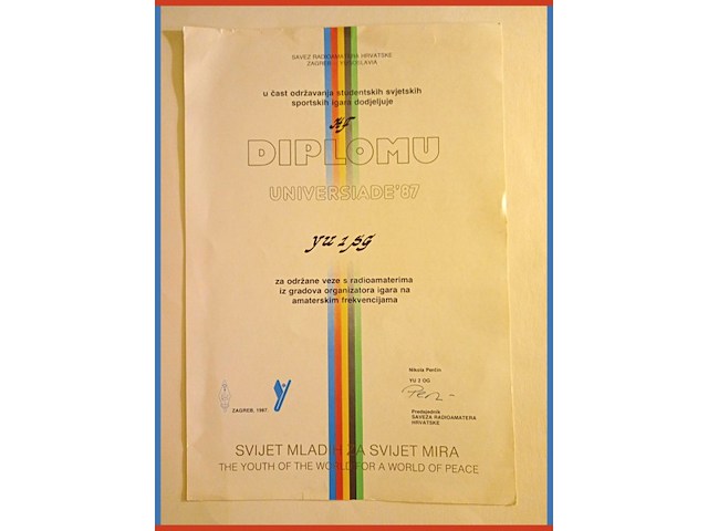 UNIVERZIJADA 1987. Diploma radioamaterima ✿✿✿