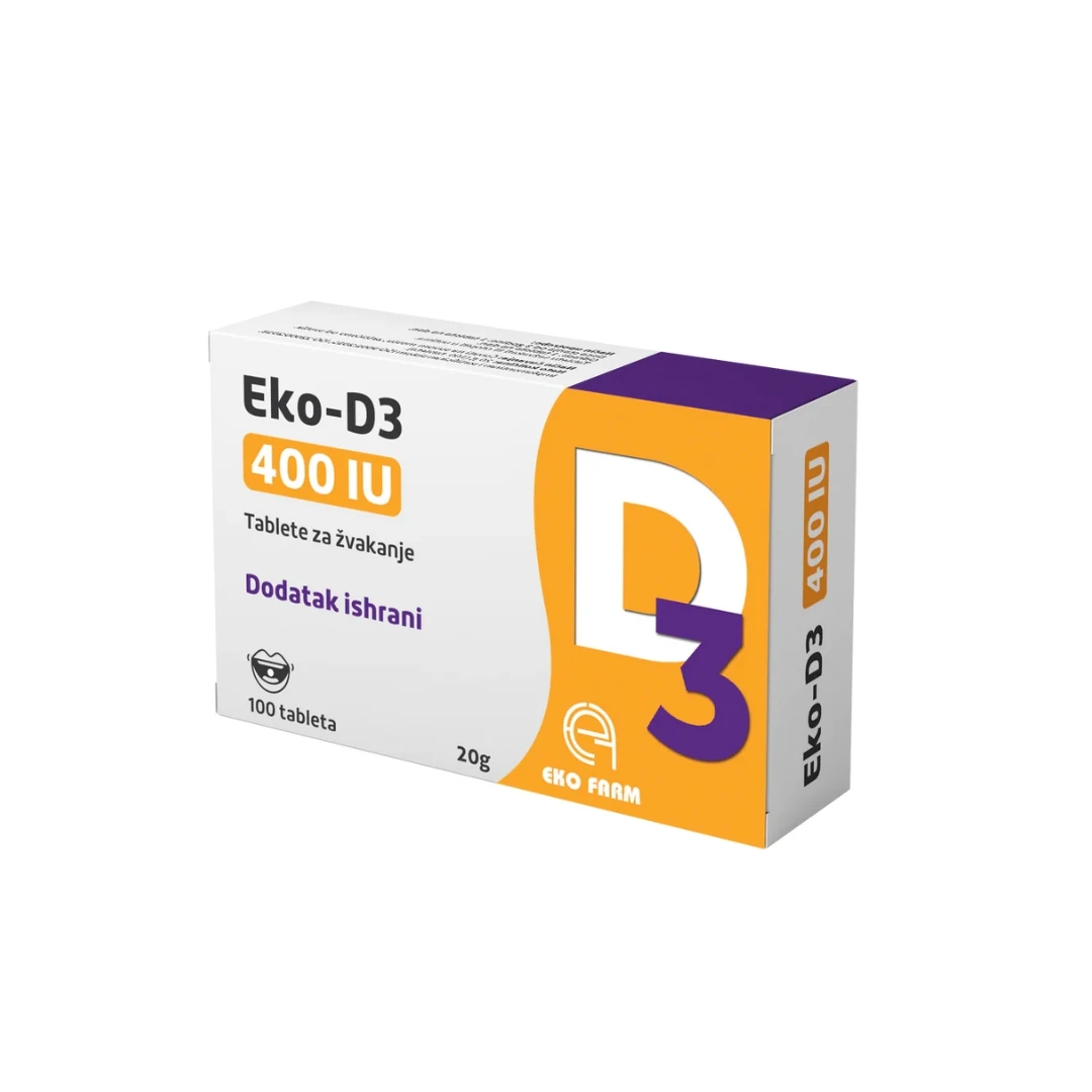 Eko D3 400 IU 100 Tableta za Žvakanje; Vitamin D3 za Decu i Odrasle Holekalciferol