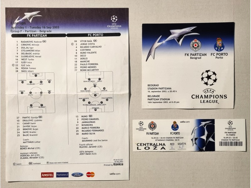 2003, PARTIZAN - PORTO! Program + ulaznica + protokol!