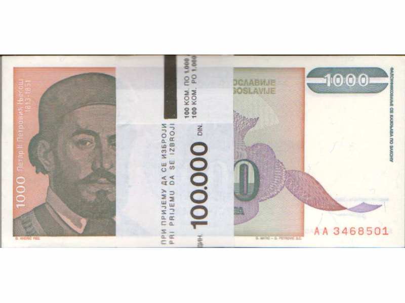 Jugoslavija 1000 Dinara 1994 UNC, x100 novčanica
