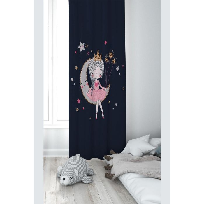 Zavesa za dečiju sobu – Devojčica na mesecu - teget PRD231D