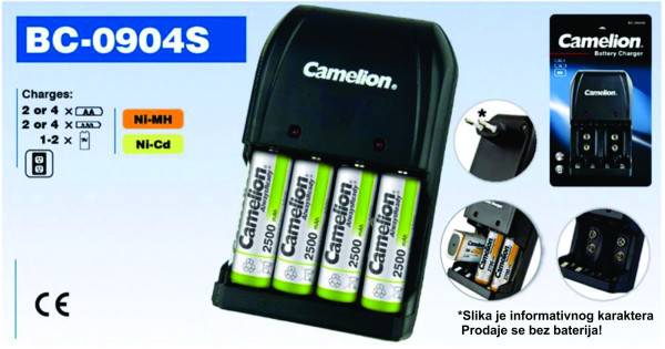 Camelion BC-0904 SM, Punjac baterija AA/AAA/9V LED indikator, Crni