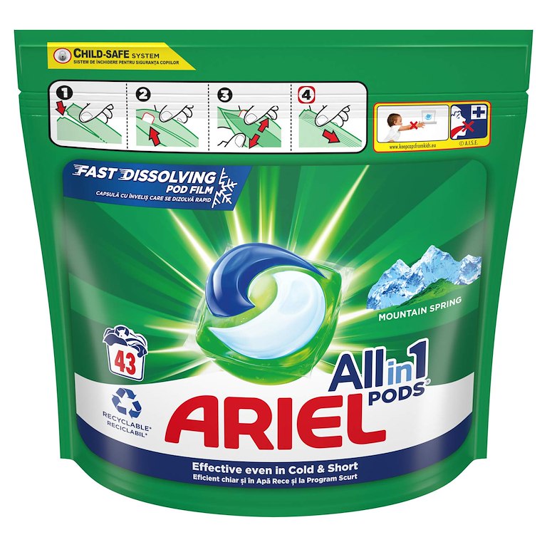 Ariel All-in-One PODS Mountain Spring kapsule deterdženta za veš, 43 pranja