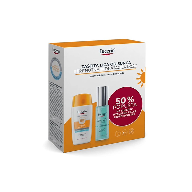 Eucerin® PROMO Box Sun Hydro Protect SPF50+ 50 mL i Hyaluron Hidro Booster 30 mL; Zaštita Lica od Sunca i Hidratacija