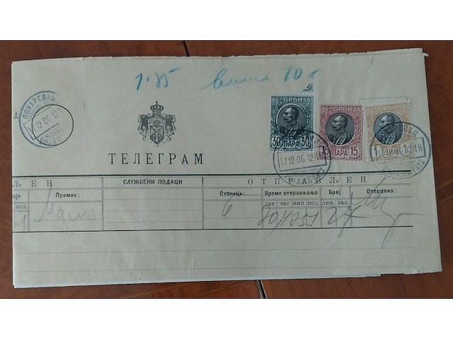 1906. Trobojna frankatura na telegramu R!