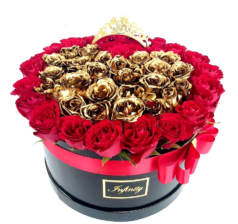 Box Of Flowers 018- CRVENE I ZLATNE RUŽE U KUTIJI