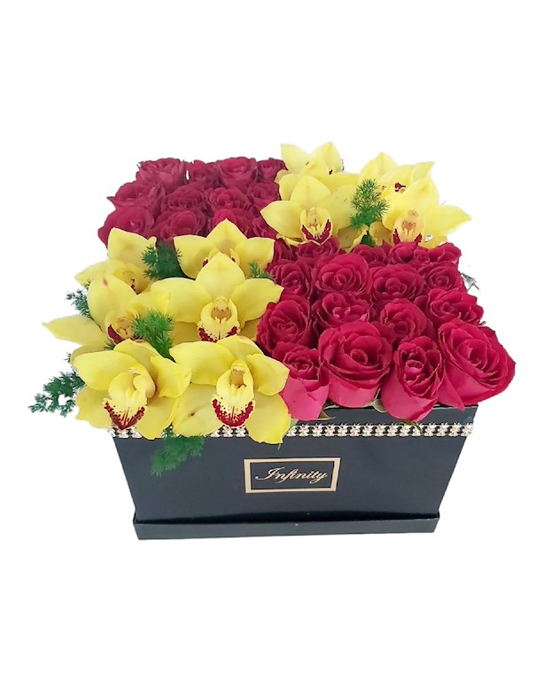 Cveće U Kutiji – CRVENE RUŽEI ŽUTE ORHIDEJE U KUTIJI
