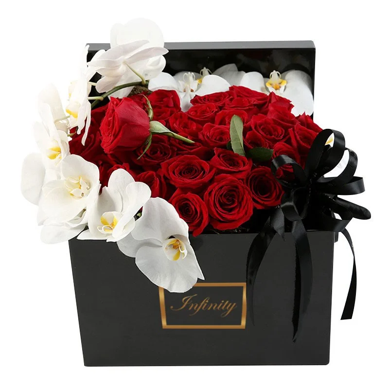 Box Of Flowers 048-CRVENE RUŽE I ORHIDEJE U KUTIJI