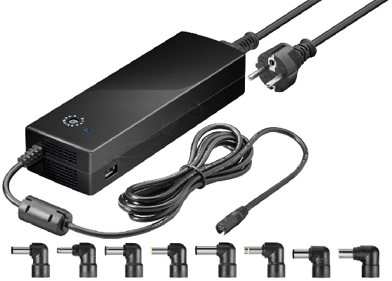 Notebook Power Supply 134.5 W, black, 1.5 m, Hanging Box - incl. 8x DC adapters and 1x USB-A
