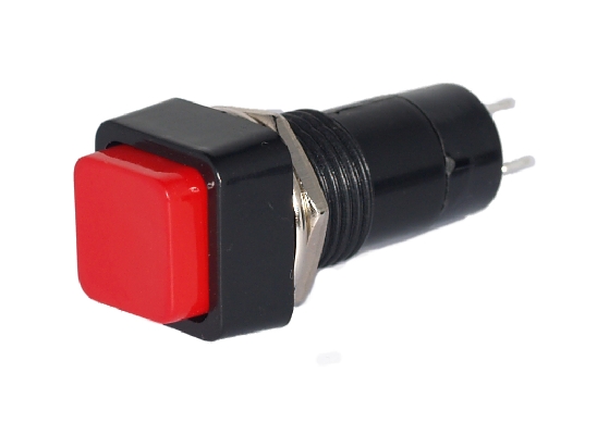 Prekidač-taster, crveni, kvadratni taster 15.5x15.5mm, ON-OFF, SPST, 125V AC, 3A, Fi=12mm