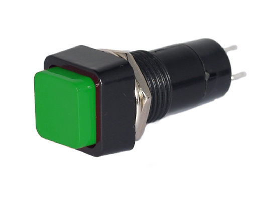 Prekidač-taster, zeleni, kvadratni taster 15.5x15.5mm, ON-OFF, SPST, 125V AC, 3A, Fi=12mm