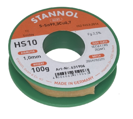 Tinol, bez olova, Stannol, HS10 TC, Ecoloy 1mm, 100 grama, Halide activated flux 2.5%, S-Sn99Cu1/TC