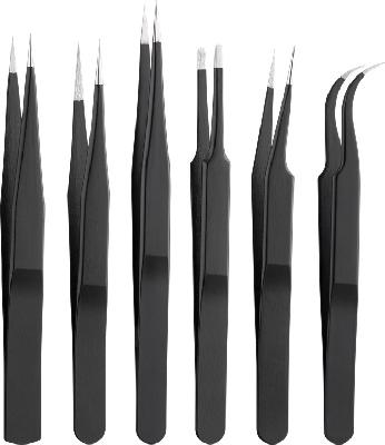 Tweezers Set 6 Pieces Hanging Box - 6 differently shaped tweezers for precision work