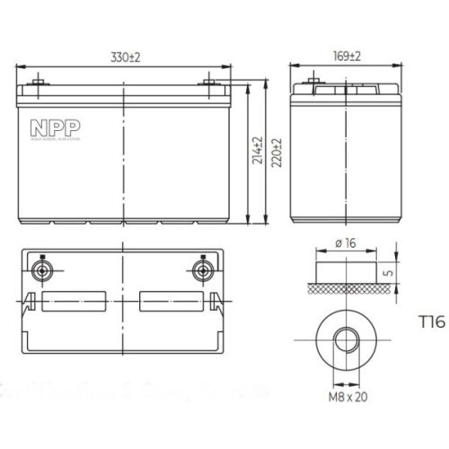 NPP NPG12V-100Ah, GEL BATTERY, C20=100AH, T16, 330x171x214x220, 27,3KG, Light grey