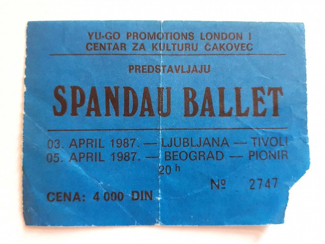 Ulaznica koncert Spandau Ballet, Beograd, 05.04.1987.