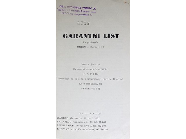 Garantni List `UNION-RAPID` Jugoslavija