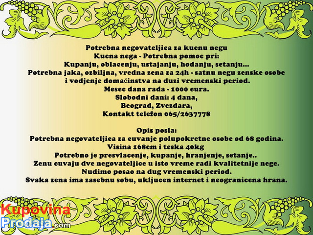 Potrebna negovateljica za kucnu negu
