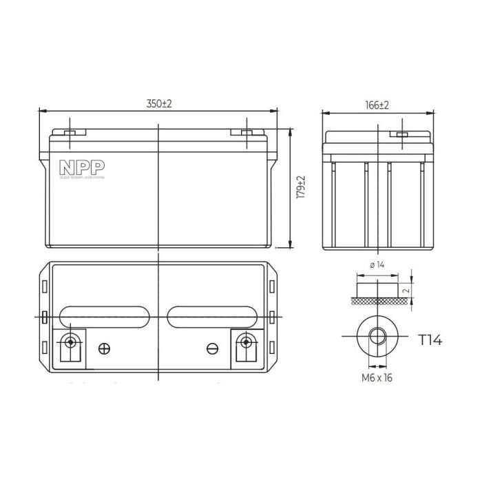 NPP NPG12V-65Ah, GEL BATTERY, C20=65AH, T14, 350*168*179*179, 18,3KG, Light grey