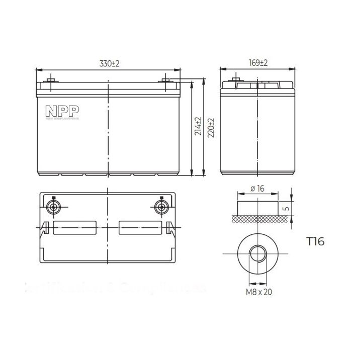 NPP NPG12V-100Ah, GEL BATTERY, C20=100AH, T16, 330x171x214x220, 27,3KG, Light grey