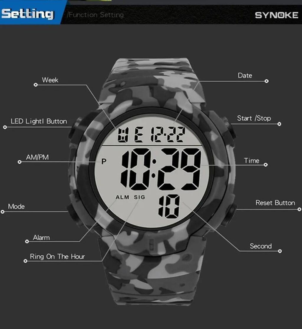 Nov, vojni muški digitalni ručni sat sa svetlećim displejem. Sivi
