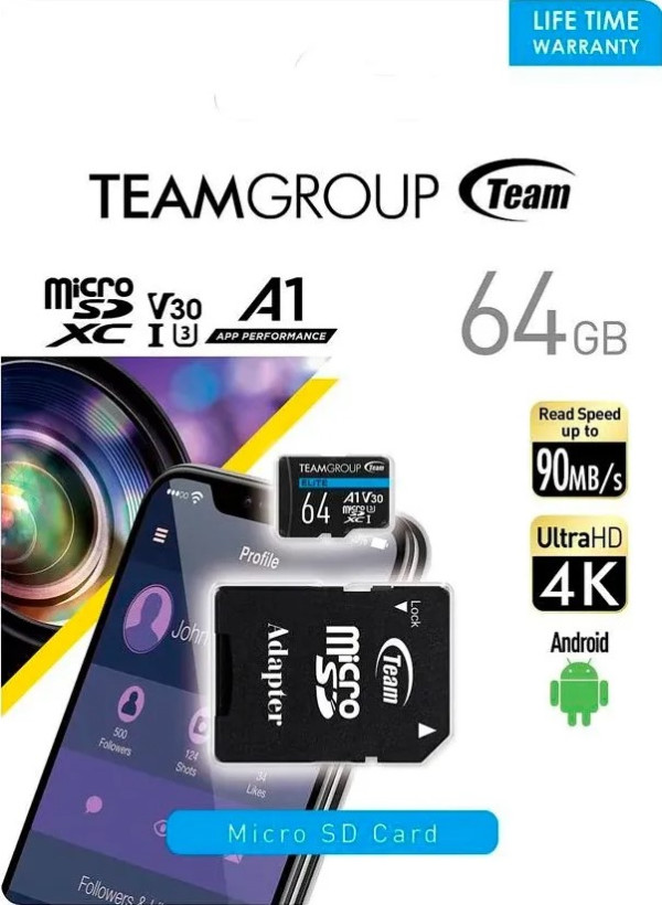 TeamGroup MICRO SDXC 64GB ELITE, UHS-I U3 V30 A1, 100/50MB/s +SD Adapter TEAUSDX64GIV30A103