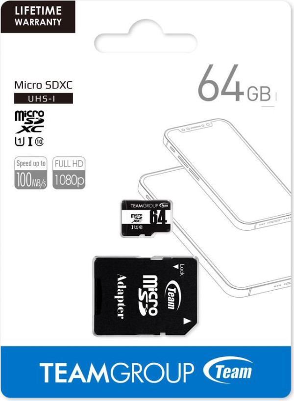 Micro SD kartica SDXC 64GB 100/20MB/s UHS-I U1 C10 +SD Adapter TUSDX64GCL10U03 FO TeamGroup